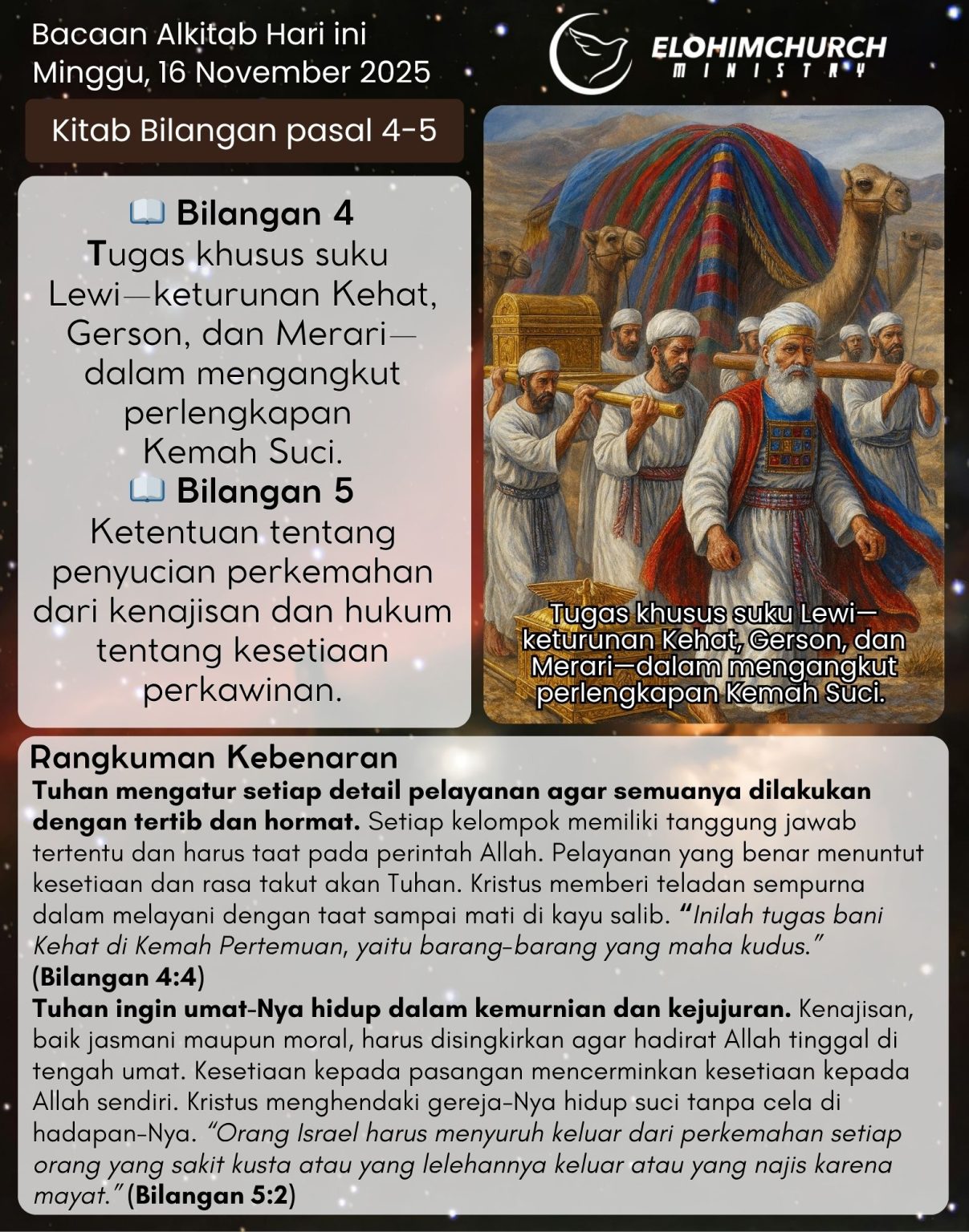 Bilangan 4–5: Tanggung Jawab Pelayanan dan Kesucian Umat - Elohim Ministry